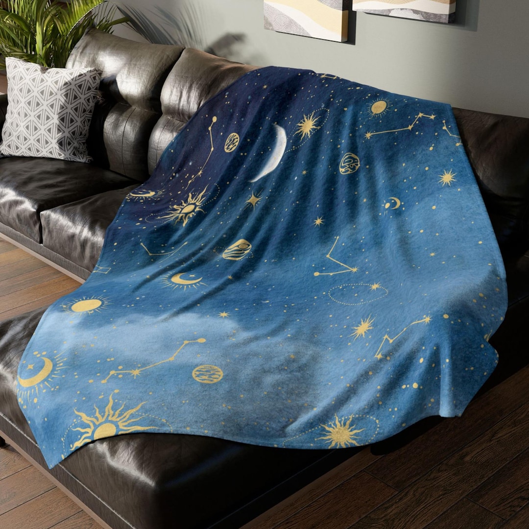 Celestial Night Sky Blanket, Soft Polyester Throw, Blue and Gold, Sun ...