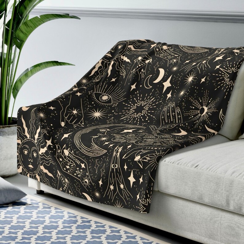 Spiritual Sun and Moon Night Sky Blanket, Celestial Black & Gold Star ...