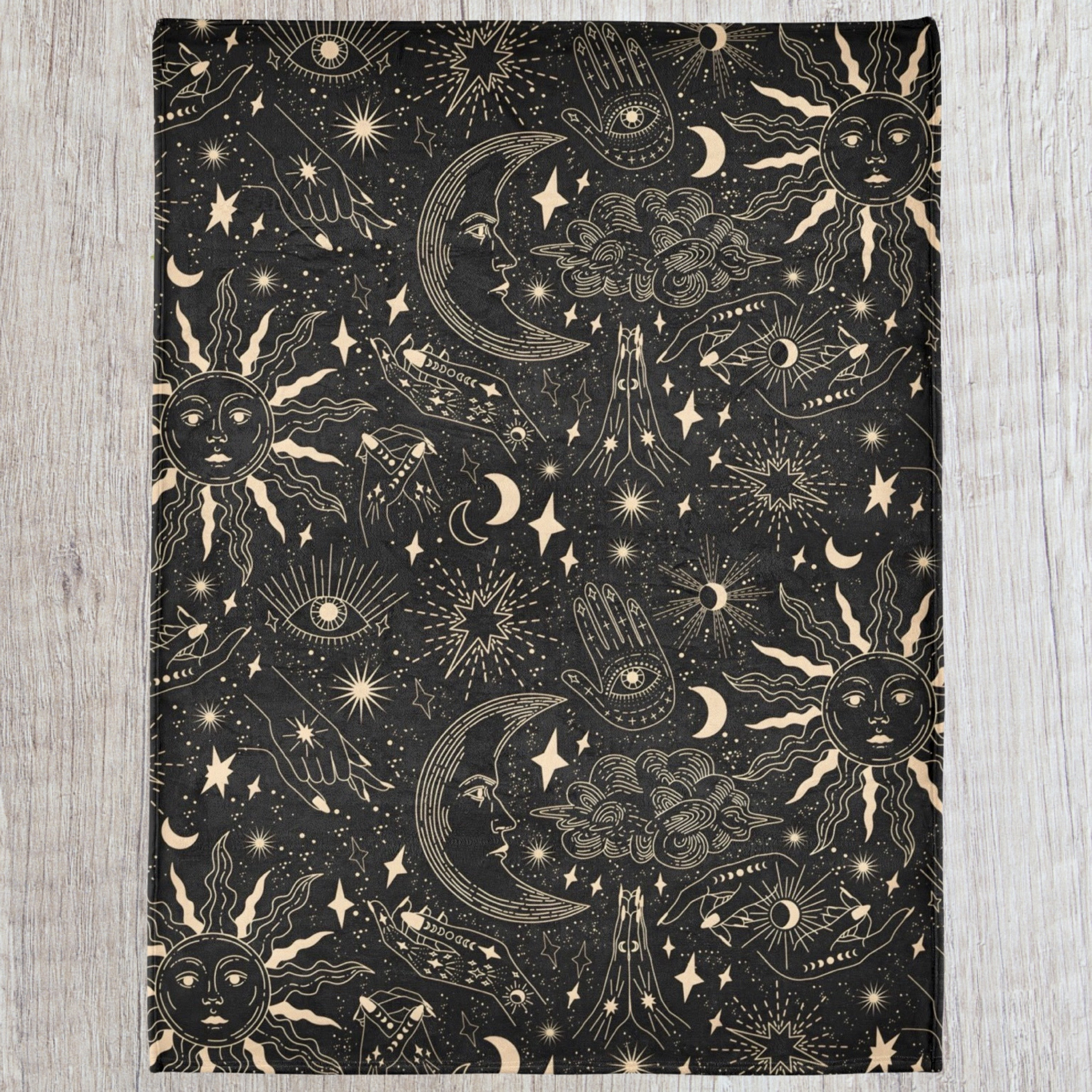 Spiritual Sun and Moon Night Sky Blanket, Celestial Black & Gold Star ...