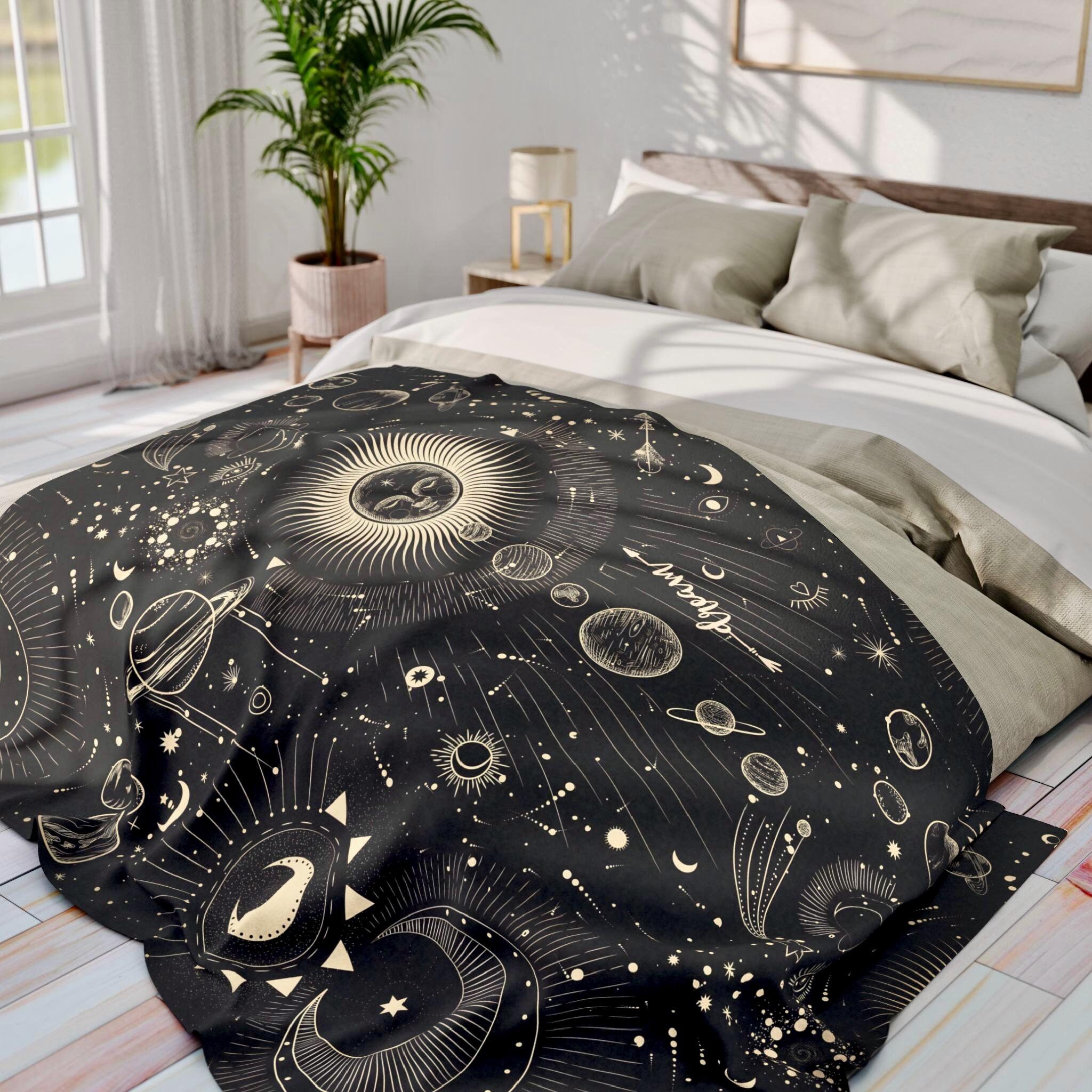 Celestial Night Sky Blanket, Black and Gold Sun and Moon Phases ...