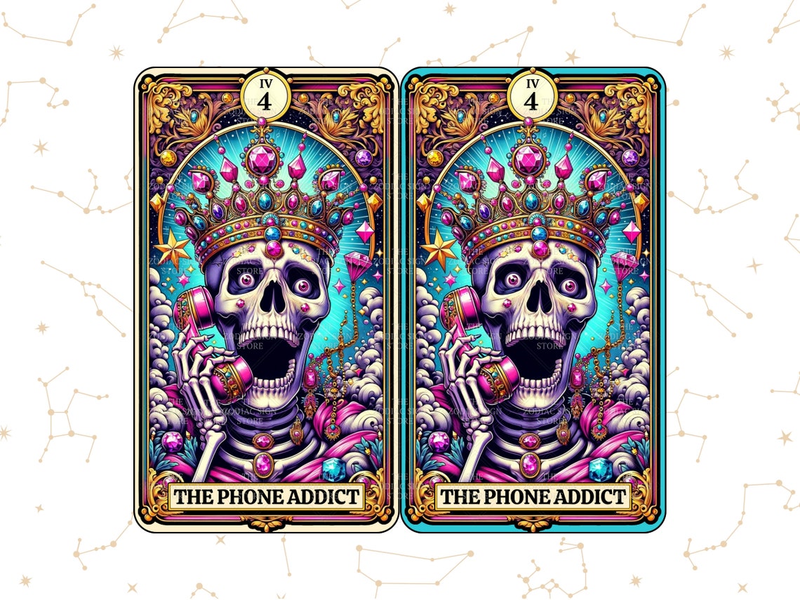 The Phone Addict Funnt Tarot Card PNG, Sarcastic Skeleon Skull ...