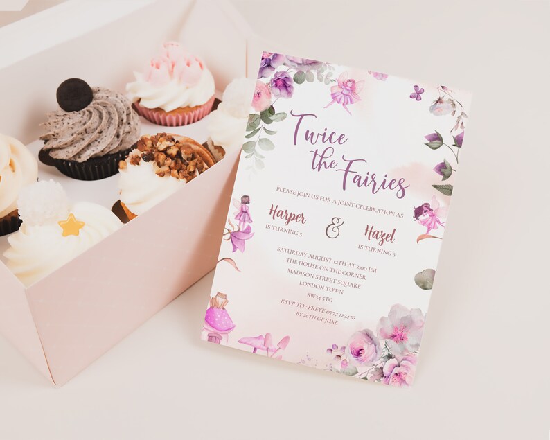 Invitación de cumpleaños de hermanos dos veces las hadas, plantilla ...