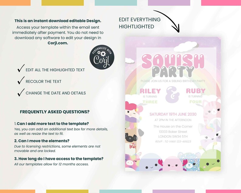 Editable Squishmellow Invite, Joint Printable Birthday Invitation ...