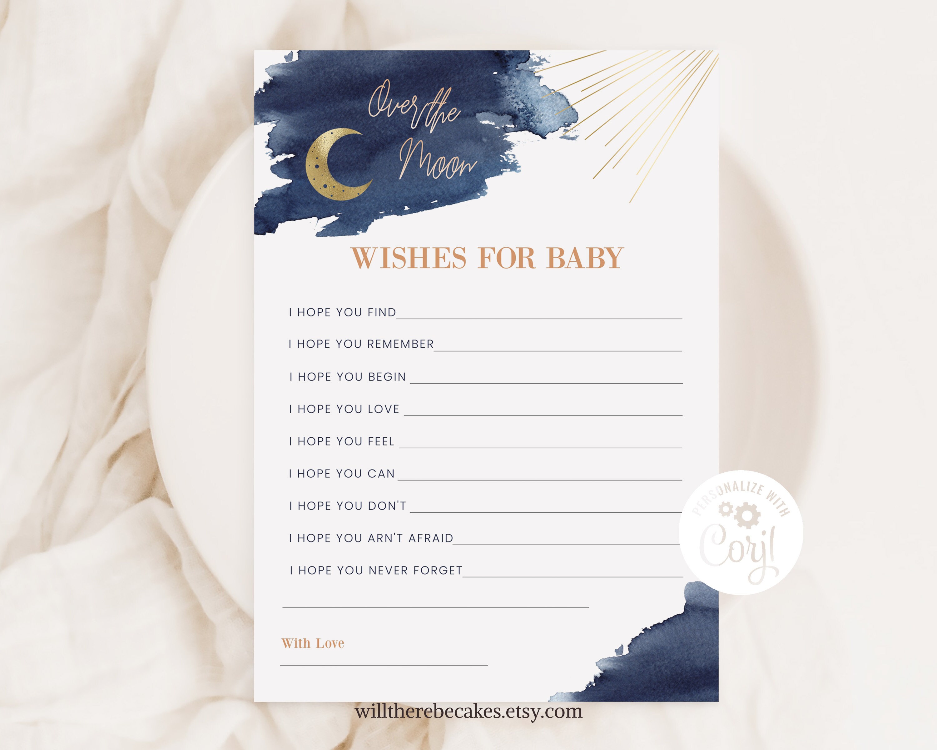Wishes for Baby Fillable, Over the Moon Baby Shower Game, Gold Navy ...