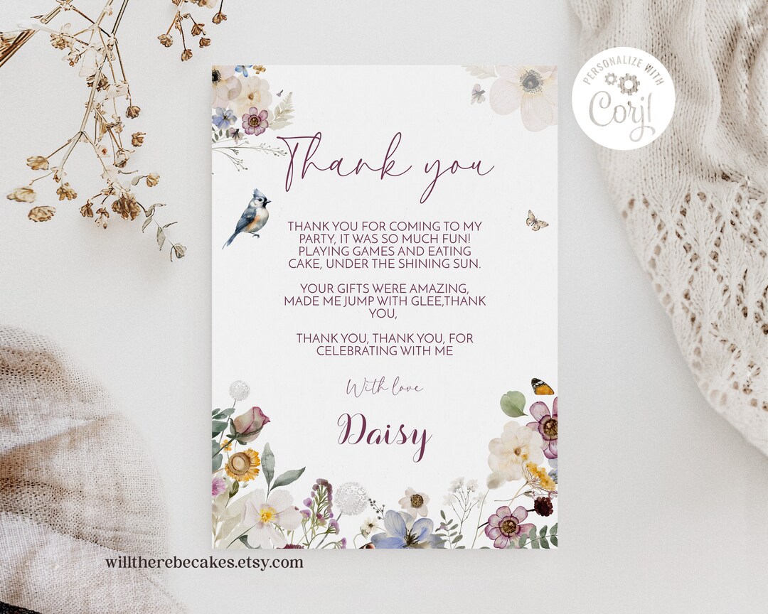Editable Wildflower Thank You, 5x7 Guest Thanks, Pressed Flower Floral ...