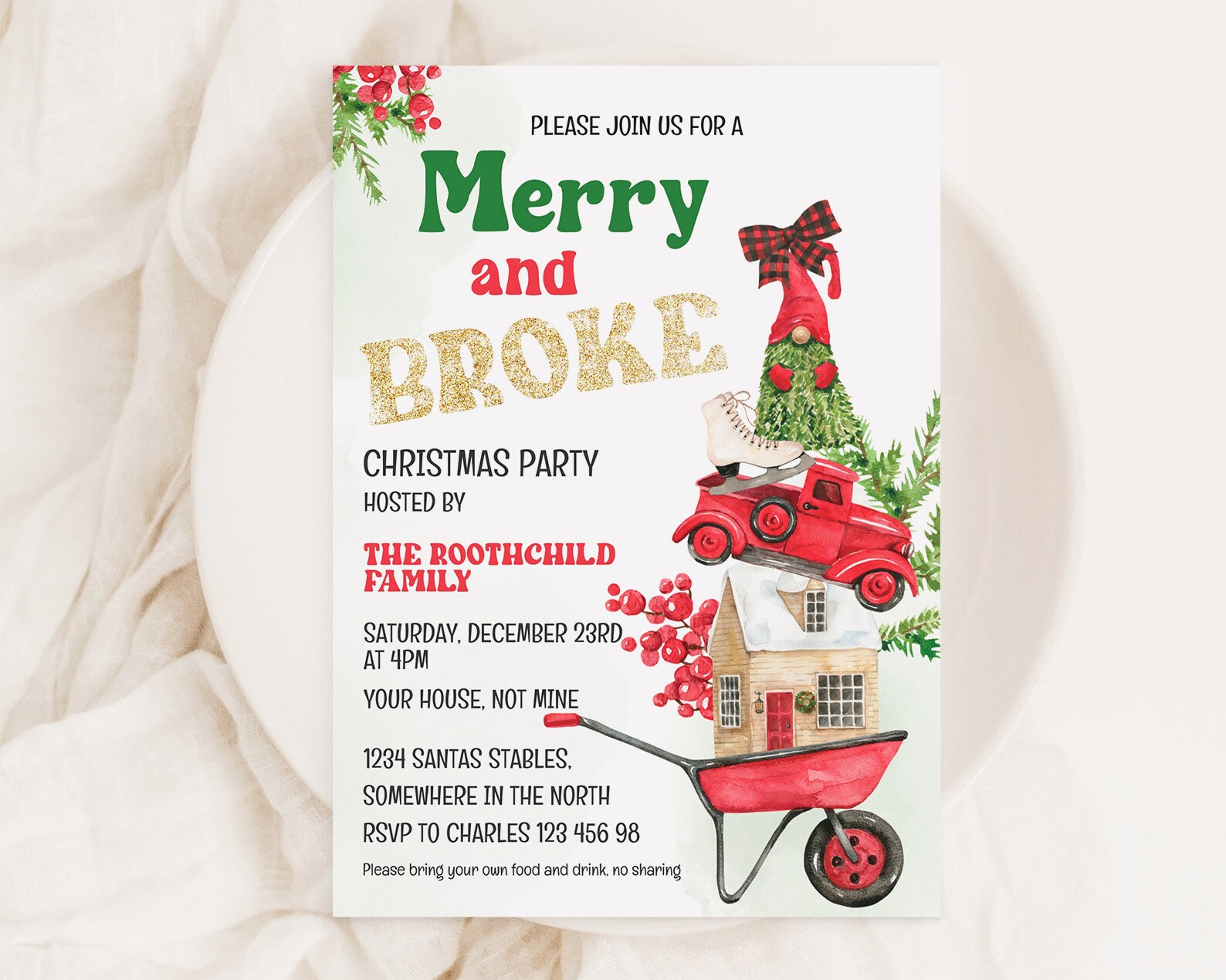Funny Merry and Broke Invitation Editable Template, Christmas Party ...