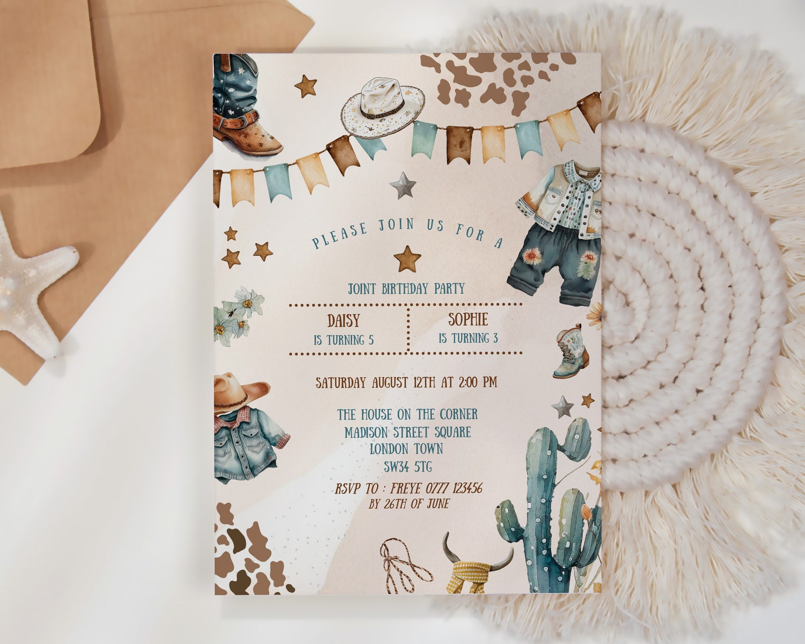 Sibling Rodeo Double Party Invitation, Editable Cowboy Cowgirl Birthday ...
