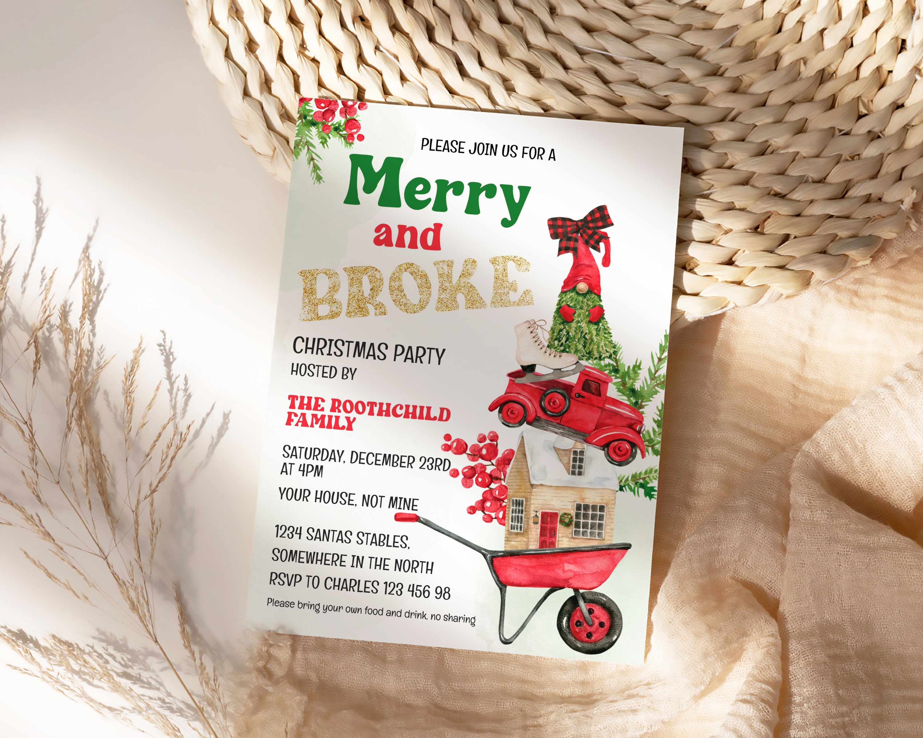 Funny Merry and Broke Invitation Editable Template, Christmas Party ...