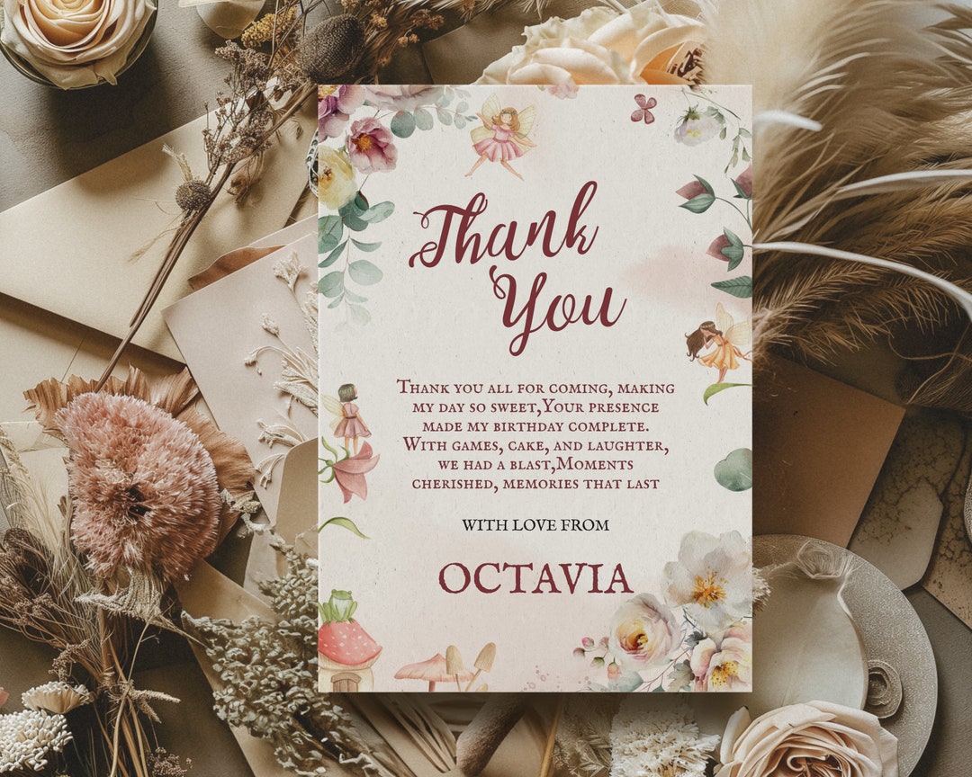 Fairy Thank You Editable Template, 5x7 Enchanted Fairies Party Thank ...