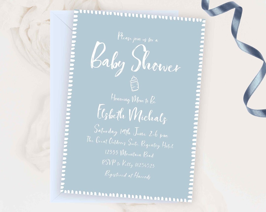 Editable Sky Blue Baby Shower Invite, Hand Drawn Blue Shower Invitation ...
