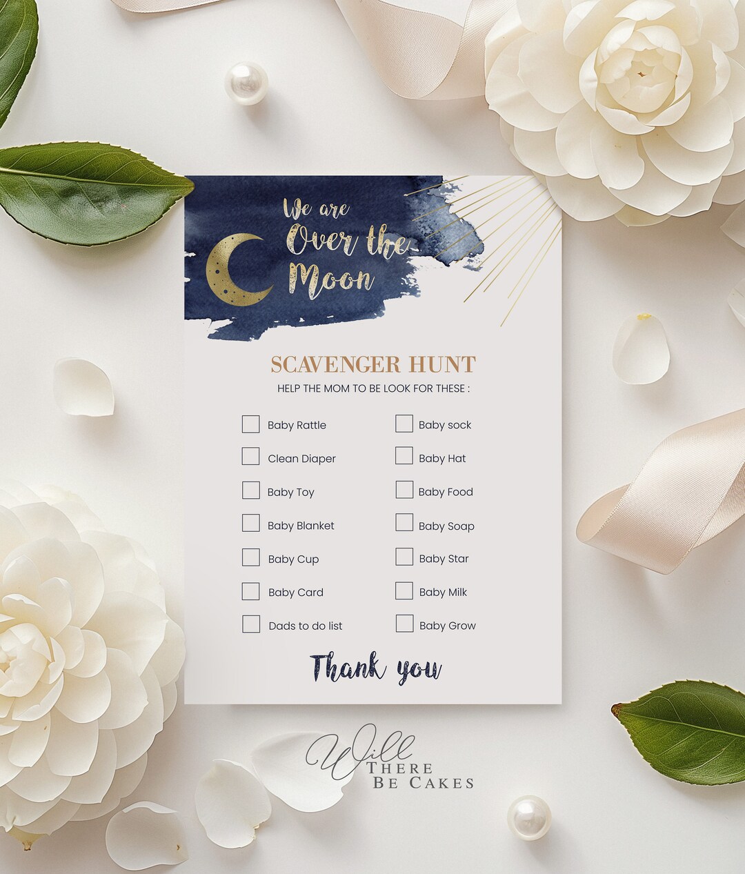 Scavenger Hunt Game, Over the Moon Theme, New Baby Party, Navy Blue ...