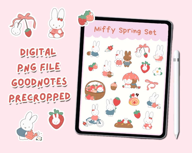 Miffy Bunny Sticker Set | Spring Strawberry PNG Files (digital Download ...