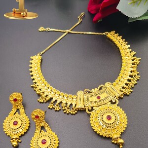 Sovereign Beauty: Elegant Traditional 22k Gold Plated Bridal Jewelry Set With Ruby Accents ...