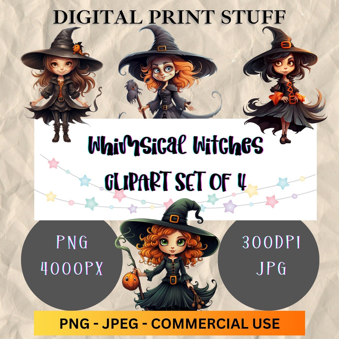 Whimsical Witches Clip Art Set Commercial Use 4 JPG 300dpi and PNG ...