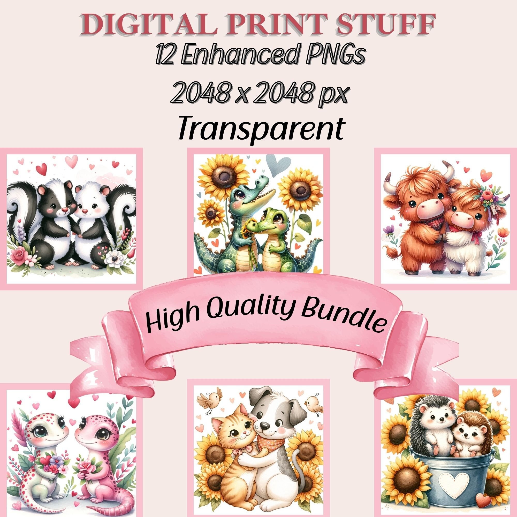 Watercolor Cute Animal Pairs PNG Clipart Bundle, 12 PNG Valentine's Day ...