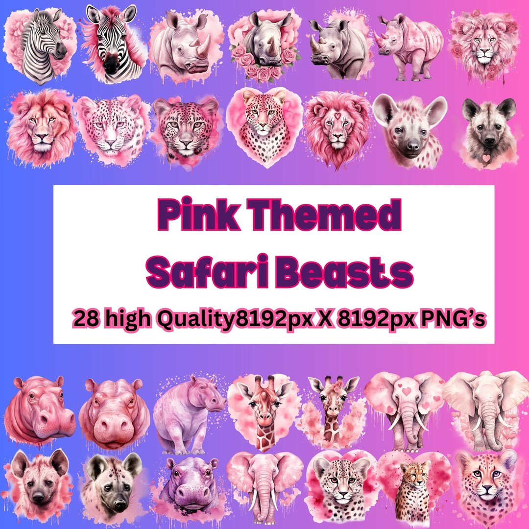 Safari Pink Clip Art Bundle Watercolor Safari Animals Clipart Safari ...