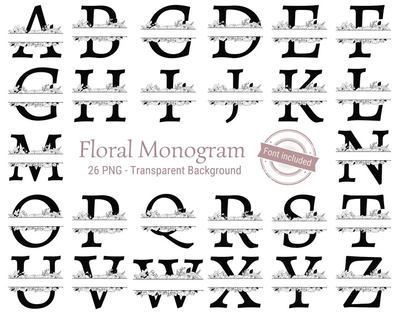 Floral Split Monogram - A-Z Alphabet Set for POD, T-shirts, Invitations ...