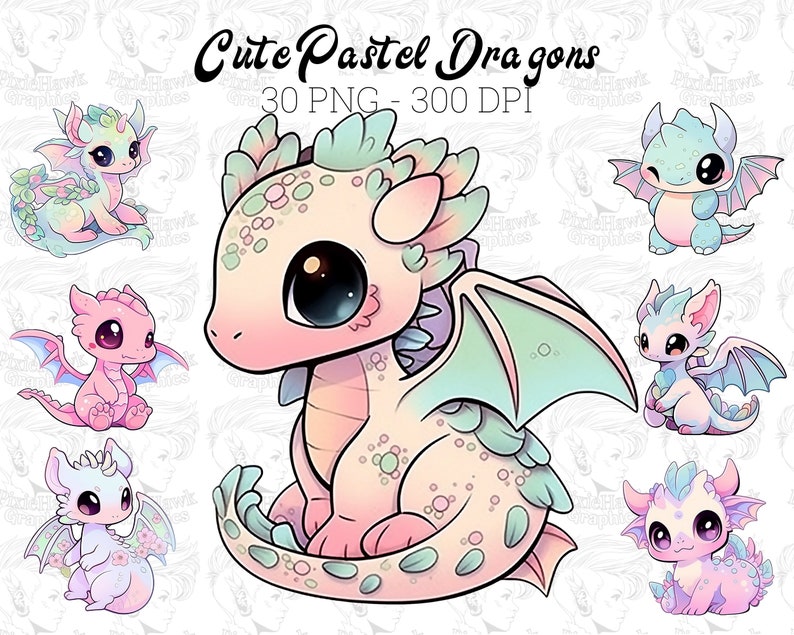 Cute Pastel Dragons PNG Bundle 30 Transparent Images 300 - Etsy
