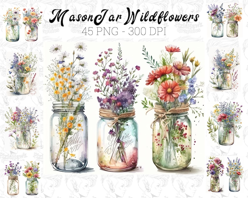 Mason Jar Wildflower PNG Clipart: 300 DPI Floral Images (digital ...