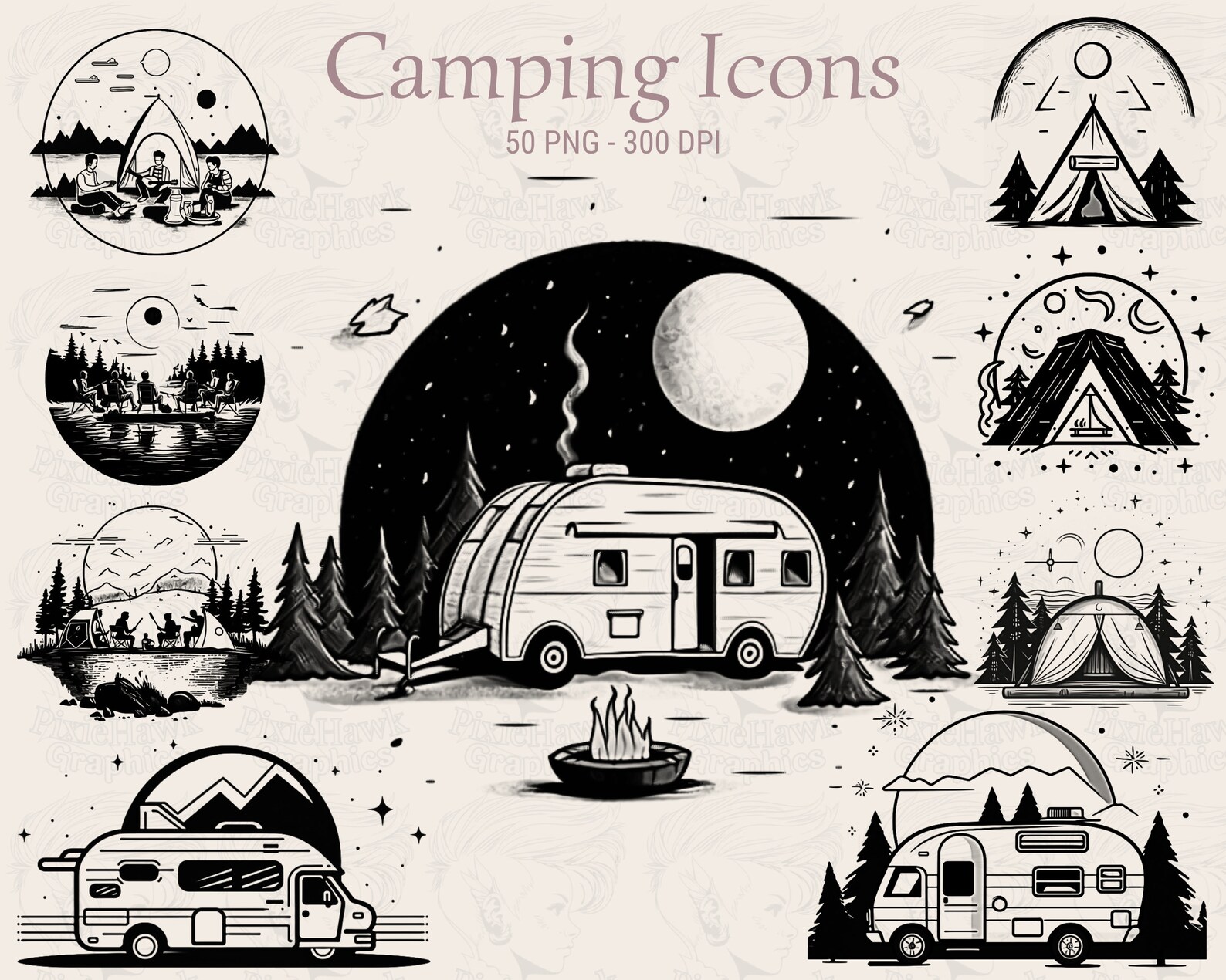 50 Camping Icons Black and White PNG Images 300 DPI - Etsy