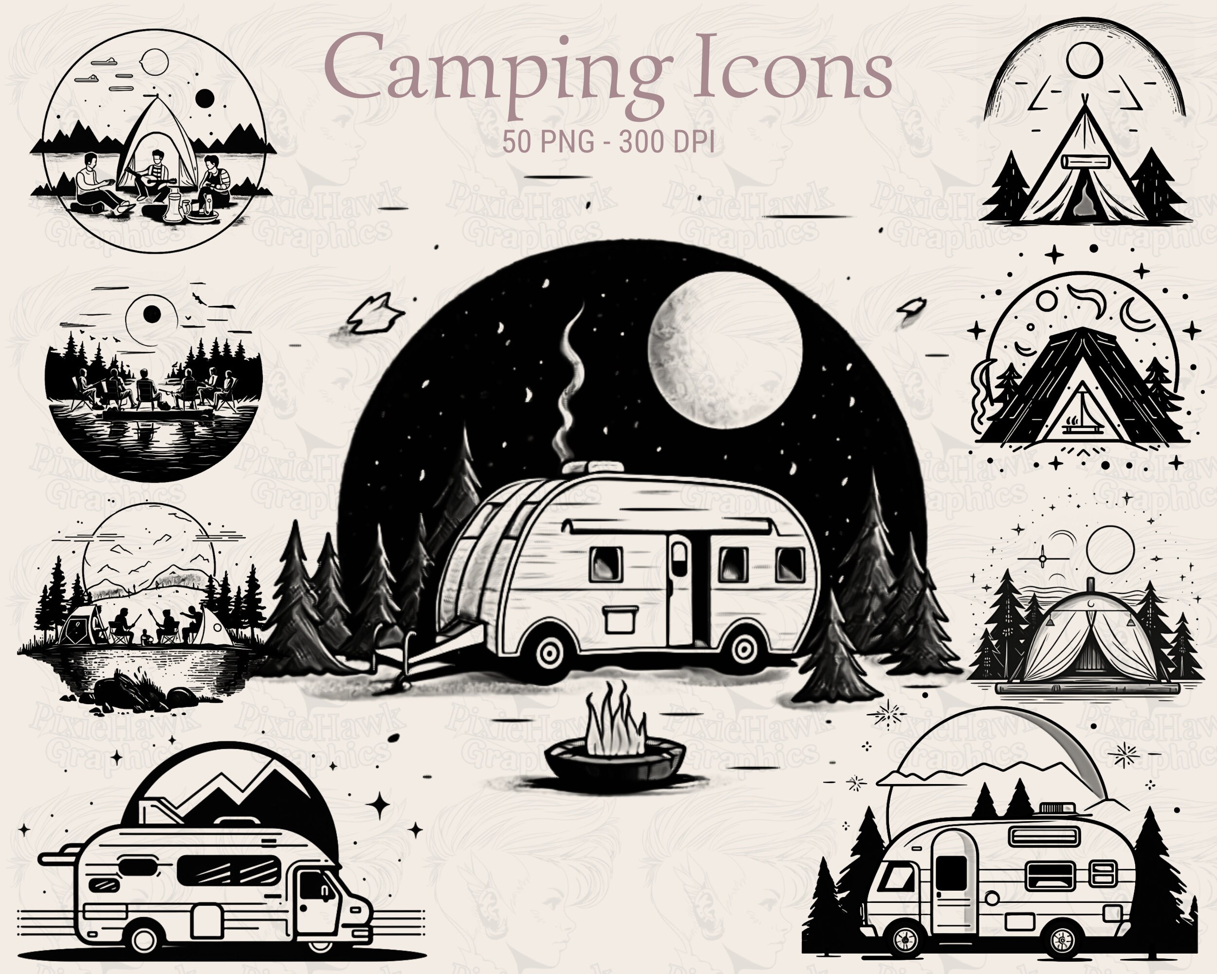 50 Camping Icons Black and White PNG Images 300 DPI - Etsy Canada