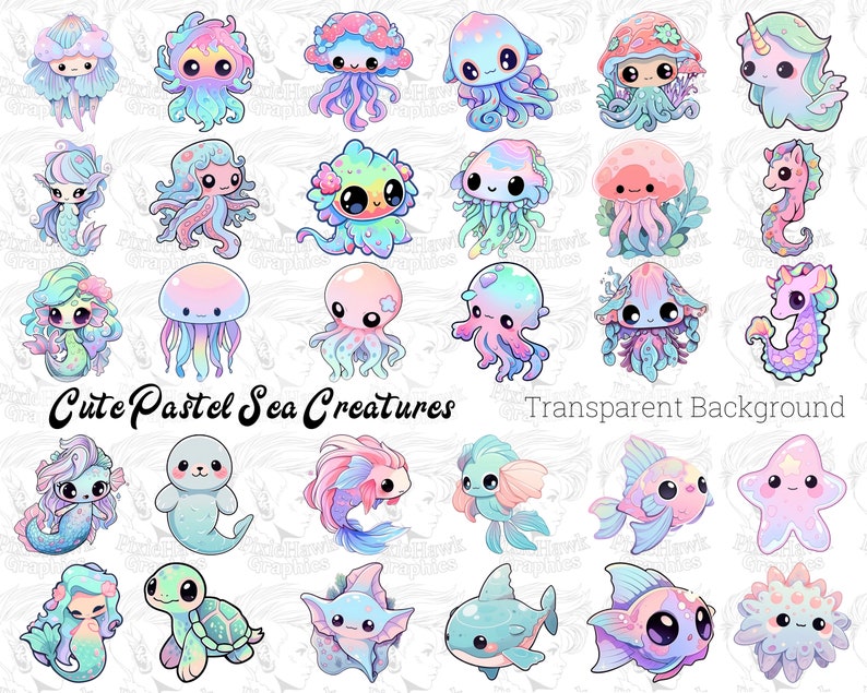 Cute Pastel Sea Creatures PNG Bundle 30 Transparent Images - Etsy