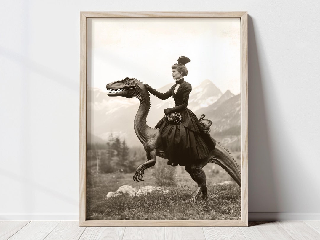 Victorian Woman Riding Velociraptor, Vintage Dinosaur Print, Western ...