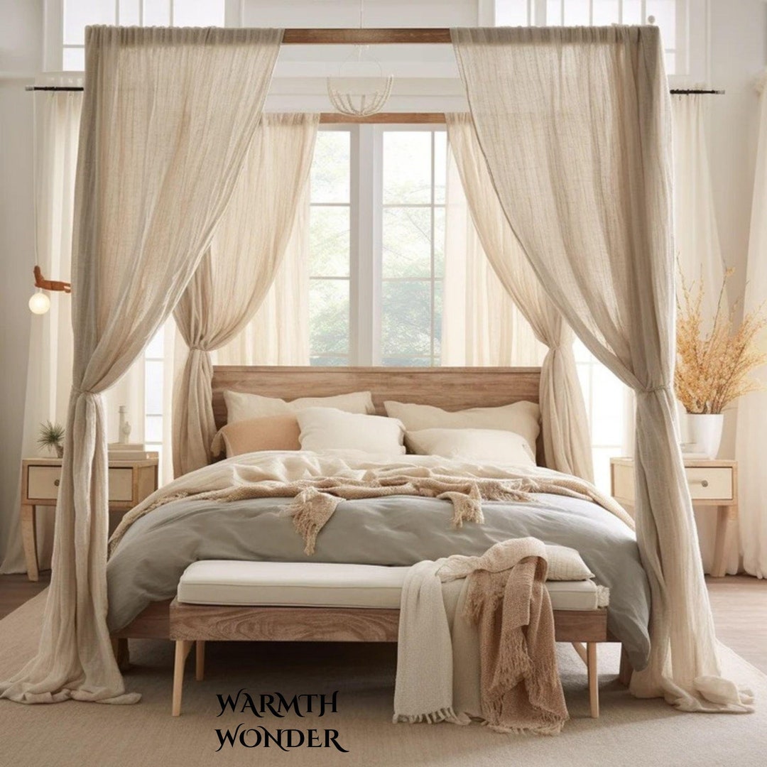 Lace Bed Canopy Linen Curtains, Linen Canopy Drape, Linen Bed Curtains ...