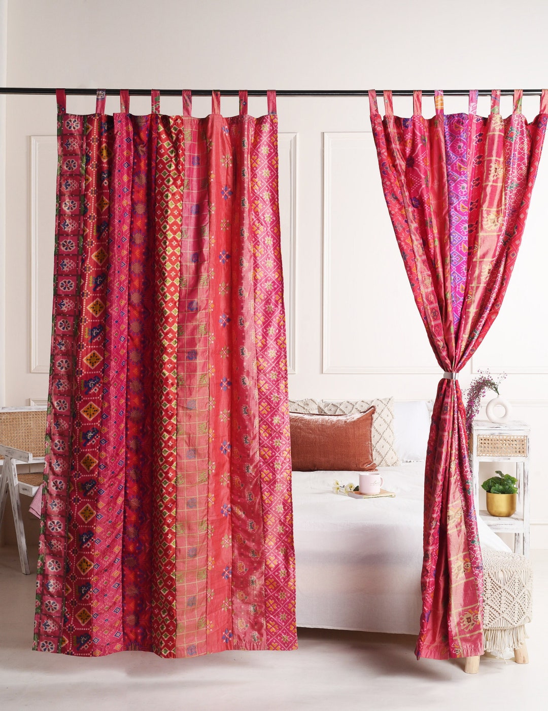 Boho Patchwork Silk Sari Curtains: Bohemian Window Panels (82x42