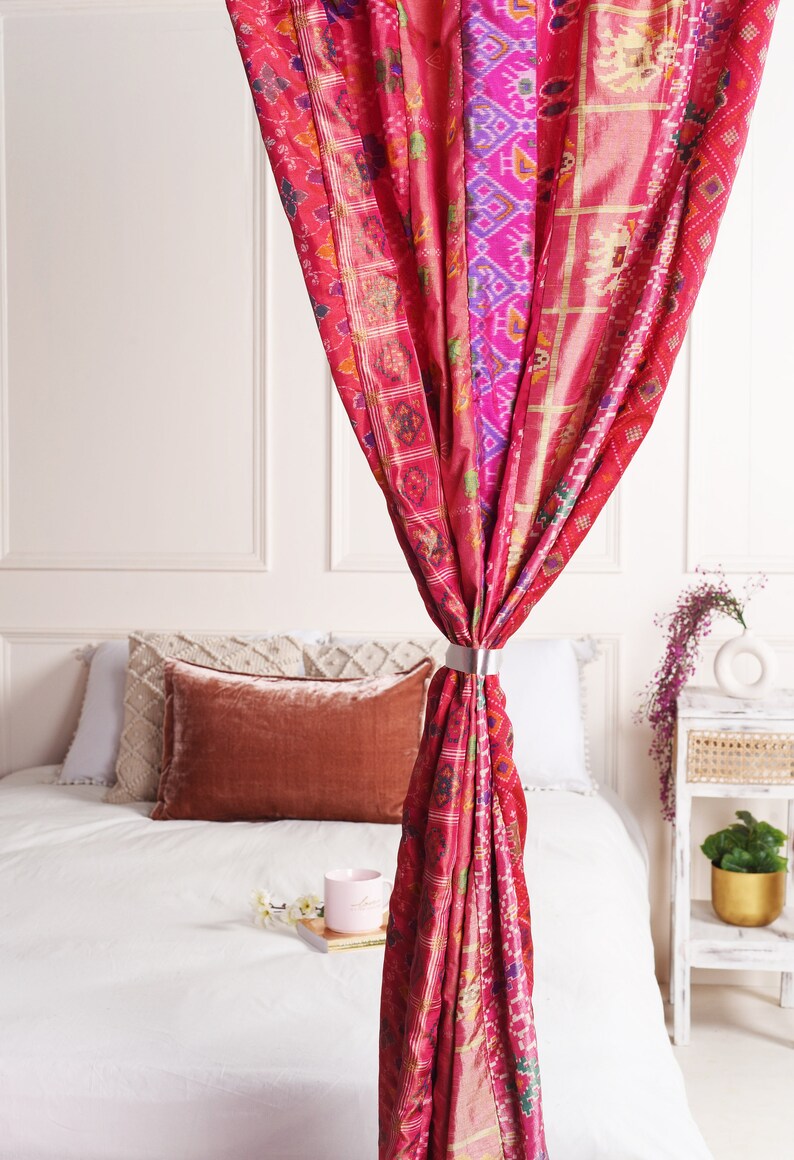 Boho Patchwork Silk Sari Curtains: Bohemian Window Panels (82x42