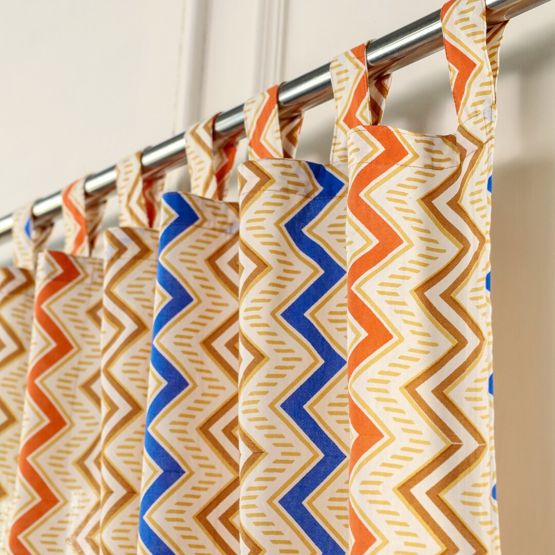 Geometric Cotton Curtains, Horizontal Stripe With Tab Top Window Door ...