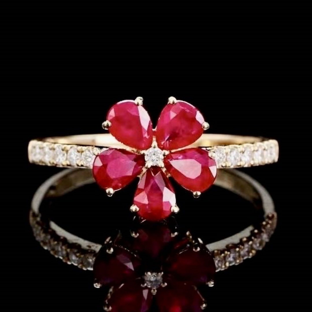 18k Solid Gold Floral Natural Ruby Ring/trendy Flower Diamond Ruby Ring/modern Handmade Ruby ...