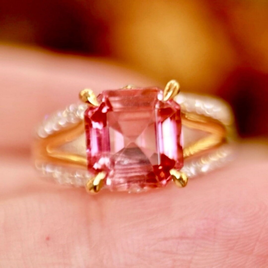 18k Rose Gold Genuine Pink Tourmaline Ring Princess/art Deco Diamond ...