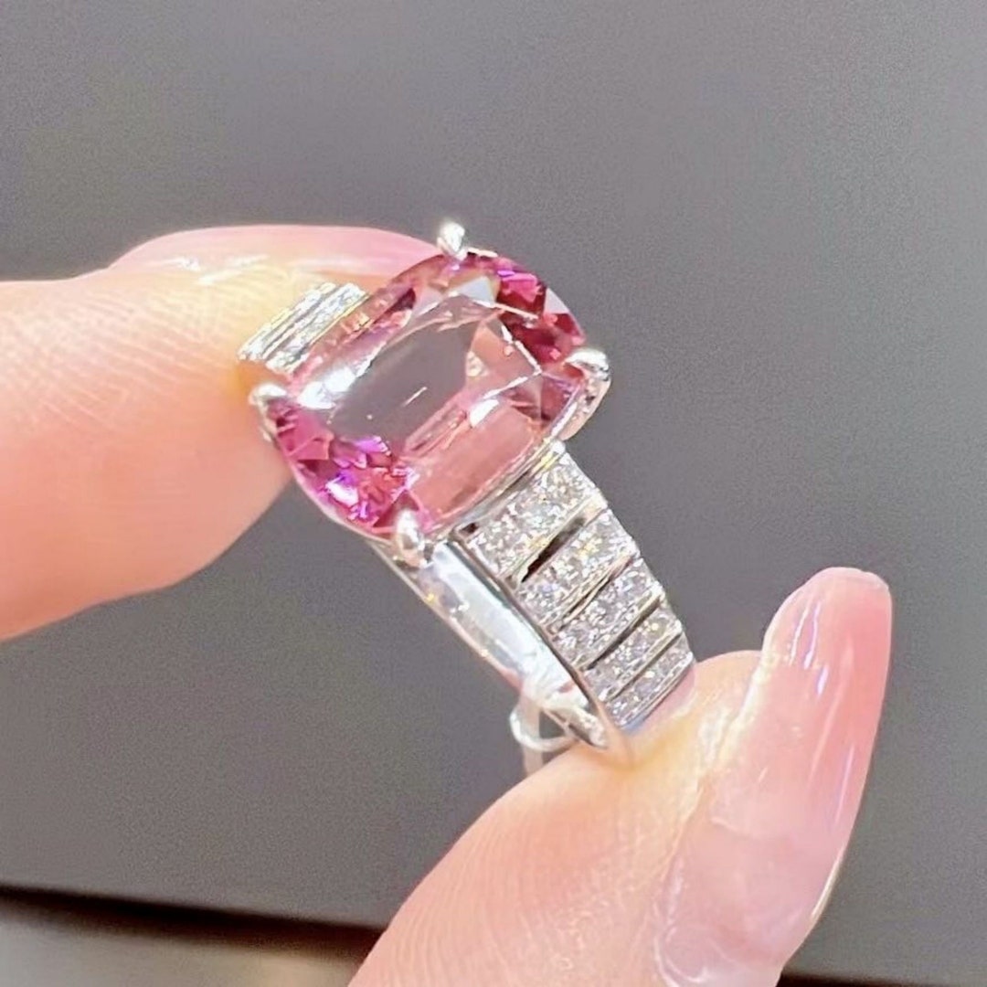 18k White Gold Genuine Pink Tourmaline Ring Women/art Deco Diamond Tourmaline Ring/unique ...