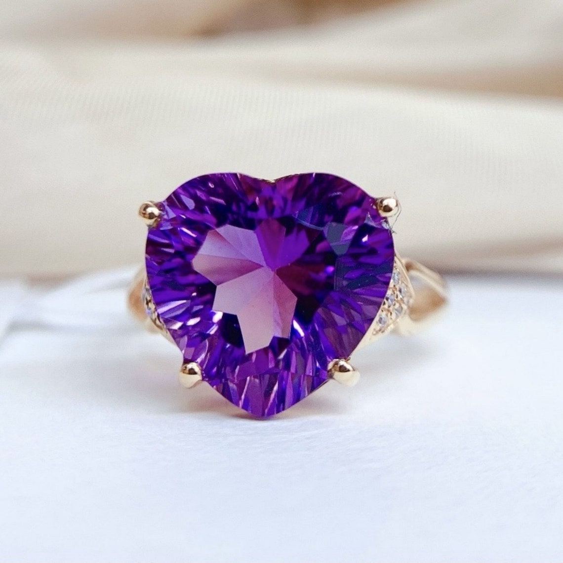 Genuine Heart Amethyst 18k Rose Gold Ring/unique Amethyst Engagement ...