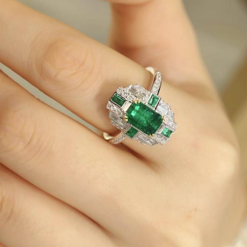 Natural Handmade Emerald Engagement Ring\vintage 18k White Gold Emerald ...