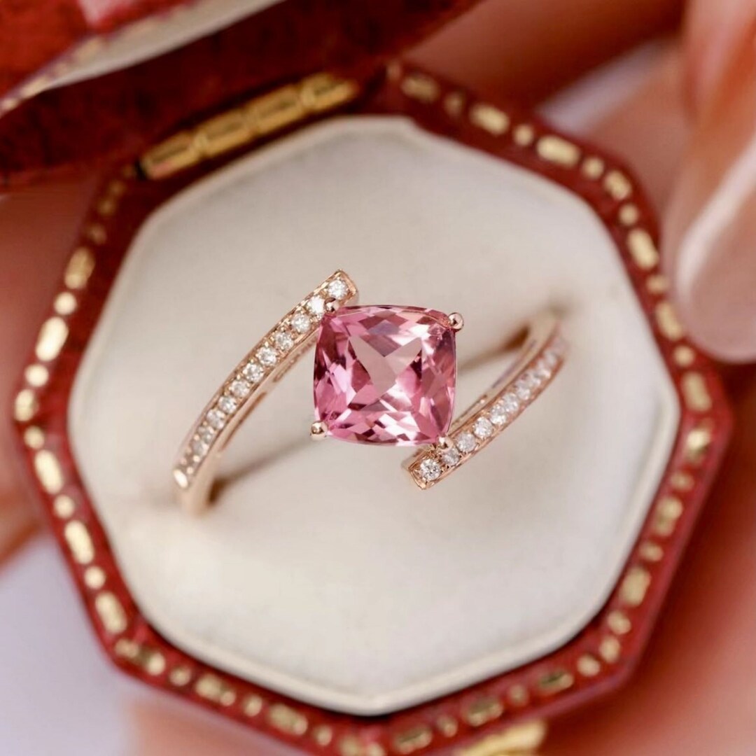Real Pink Tourmaline 18k Gold Ring/unique Art Deco Diamond Tourmaline ...