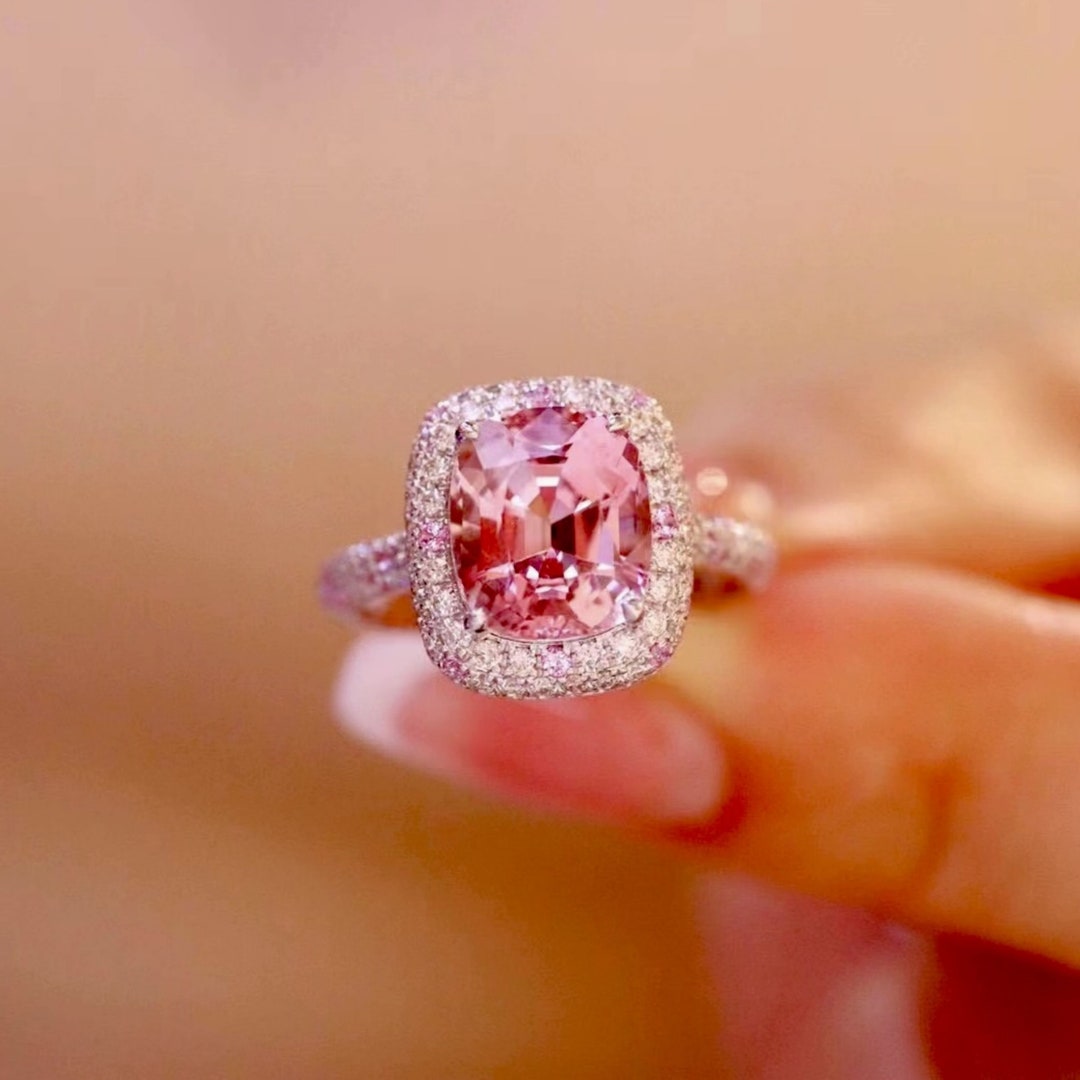 18k White Gold Genuine Pink Tourmaline Ring/art Deco Diamond Tourmaline ...