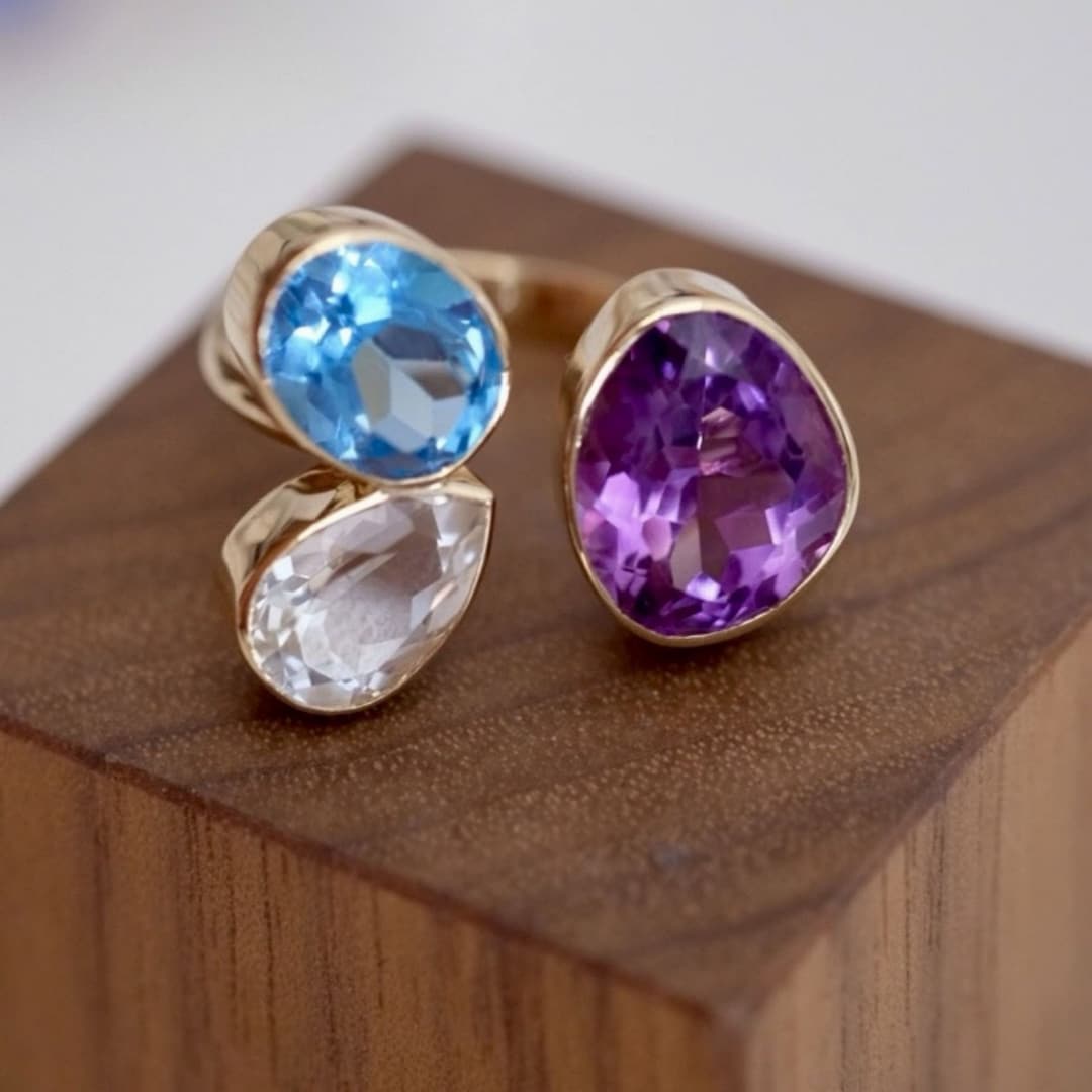 Unique Amethyst With Topaz 18k Gold Ring/dainty Art Deco Amethyst ...