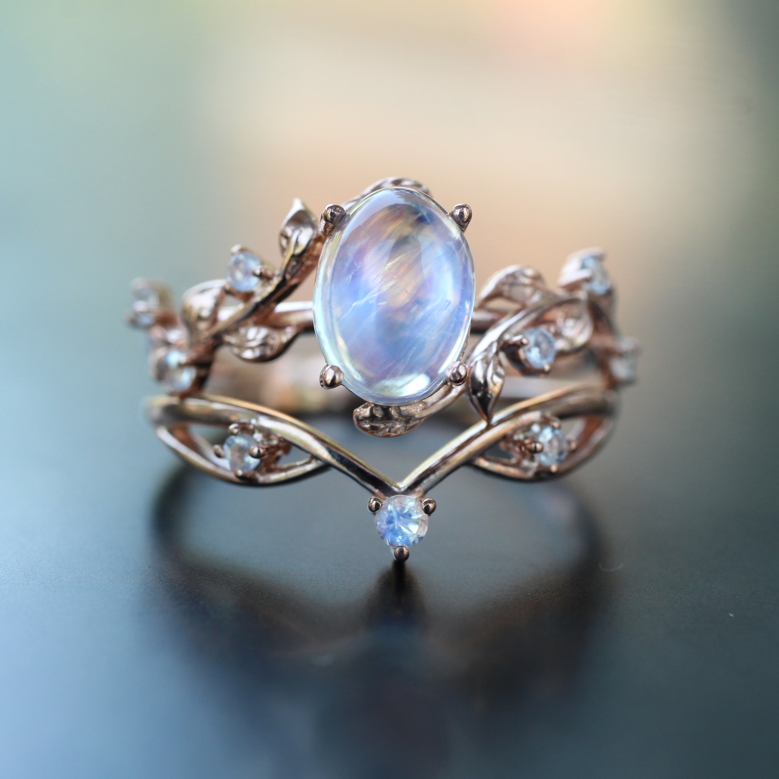 Unique Round Moonstone Ring Set, Twig 18k Rose Gold Moonstone Bridal ...