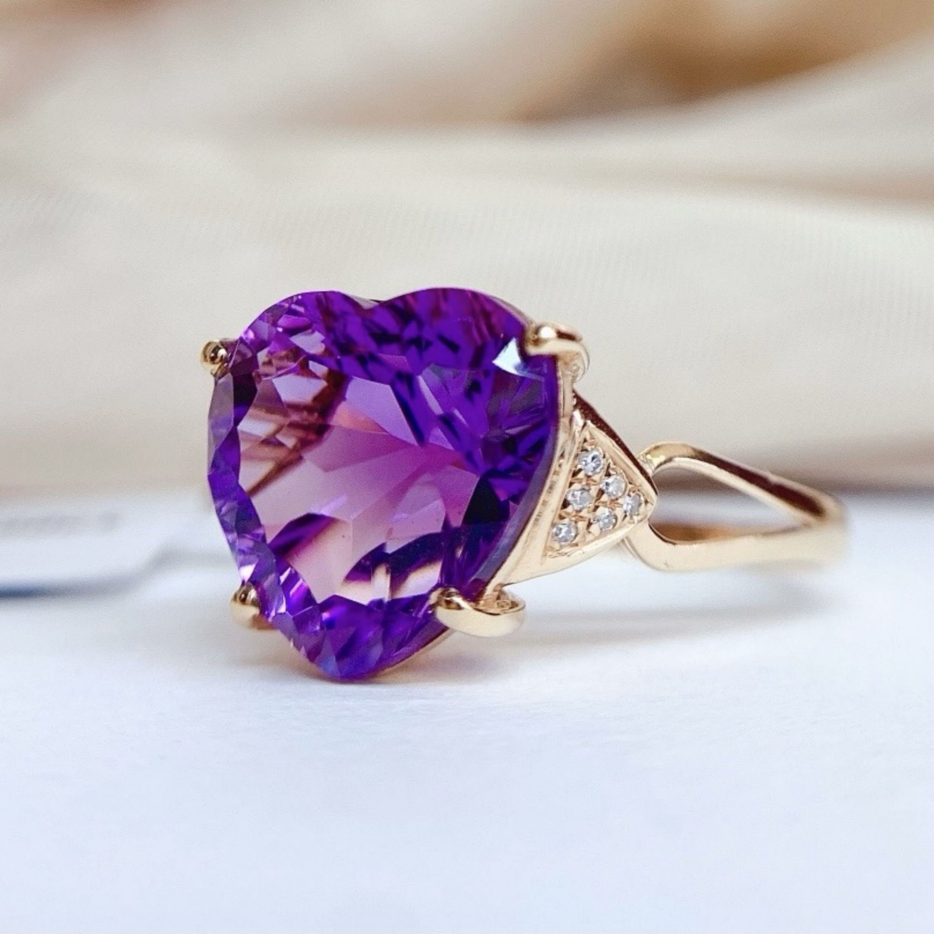 Genuine Heart Amethyst 18k Rose Gold Ring/unique Amethyst Engagement ...