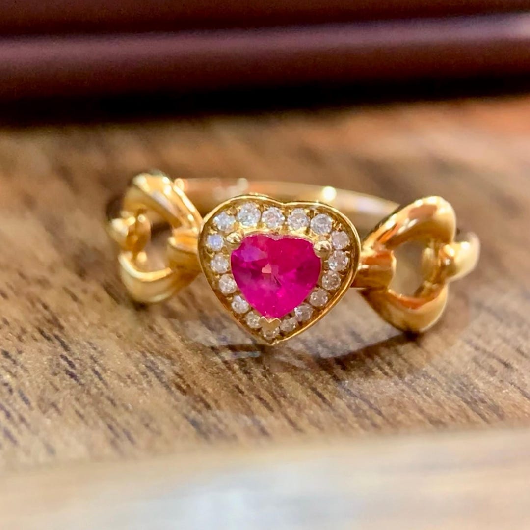 Vintage Inspired Heart Ruby Ring 18k Solid Gold/unique Natural Pinkish ...
