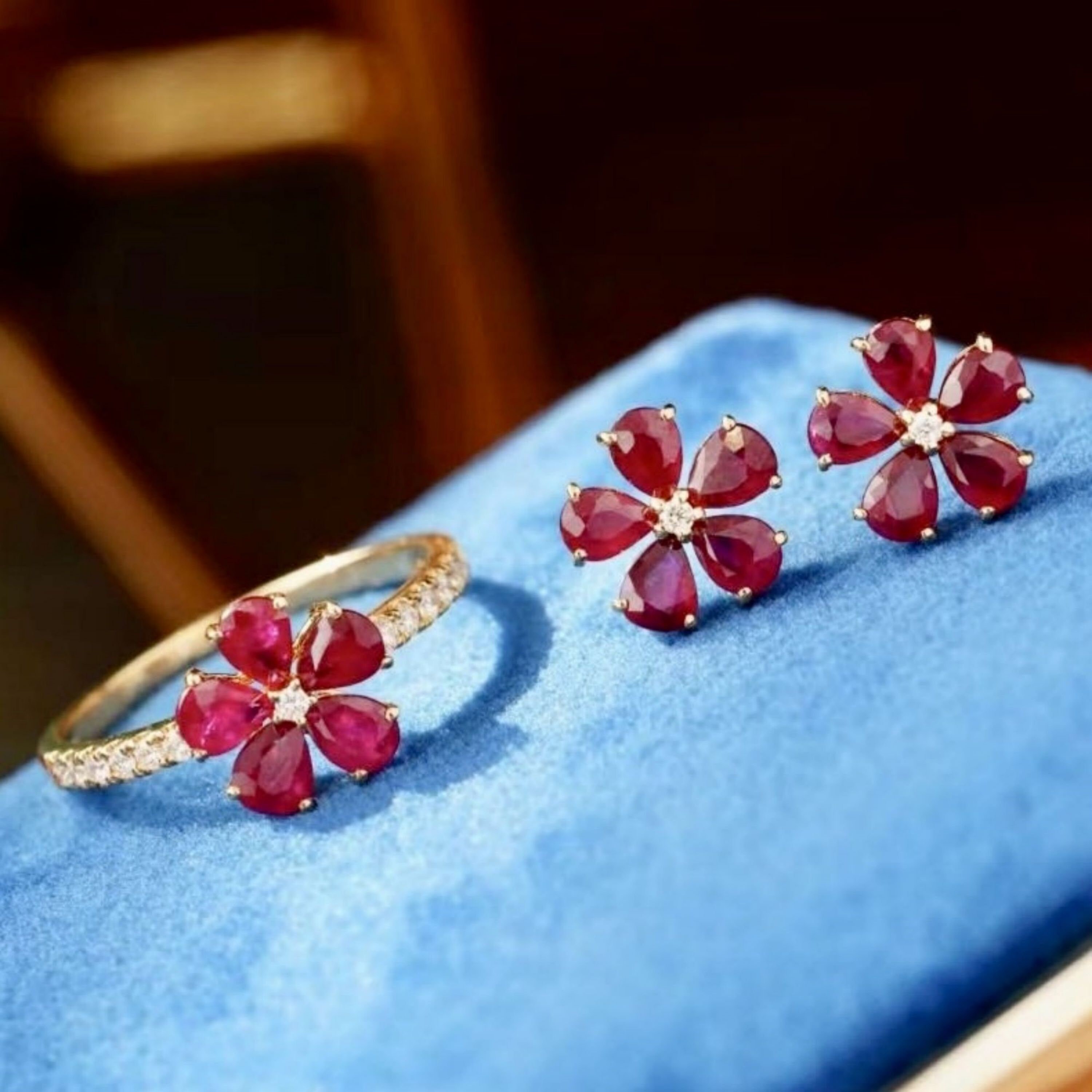 Tiny Petal Genuine Ruby Stud\art Deco Floral Ruby Studs/18k Solid Gold ...