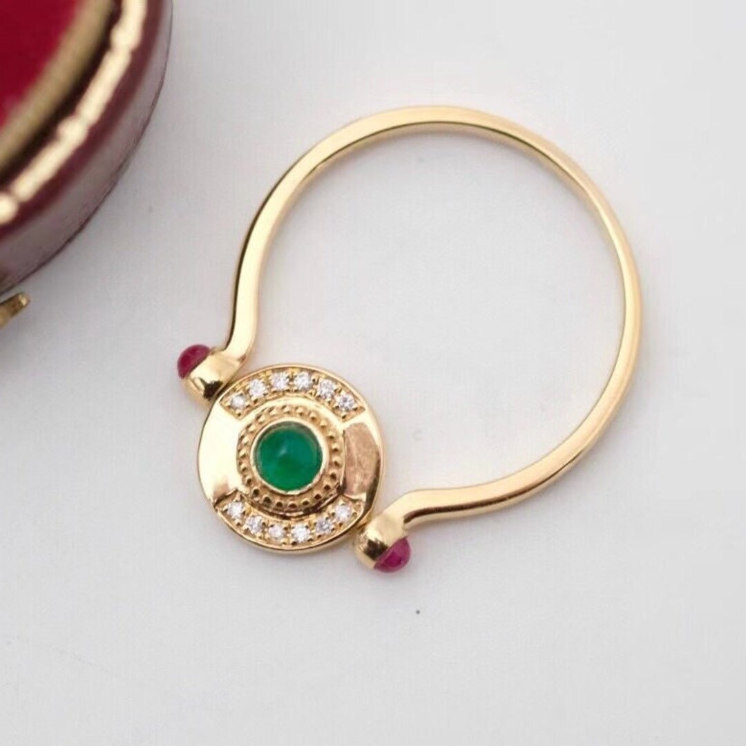 Genuine Emerald 18k Solid Gold Ring/double Side Emerald Engagement Ring/ruby Emerald Ring ...
