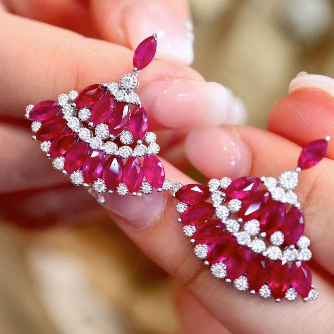 Unique Genuine Pigeon Blood Red Ruby Earrings\art Deco Ruby Studs/18k ...