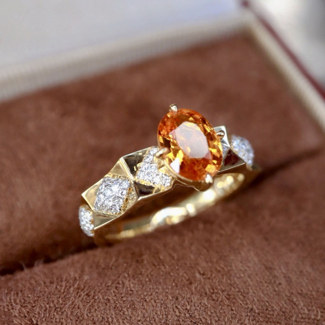 Natural Orange Garnet Ring/18k Solid Yellow Gold Oval Garnet Ring/raw ...