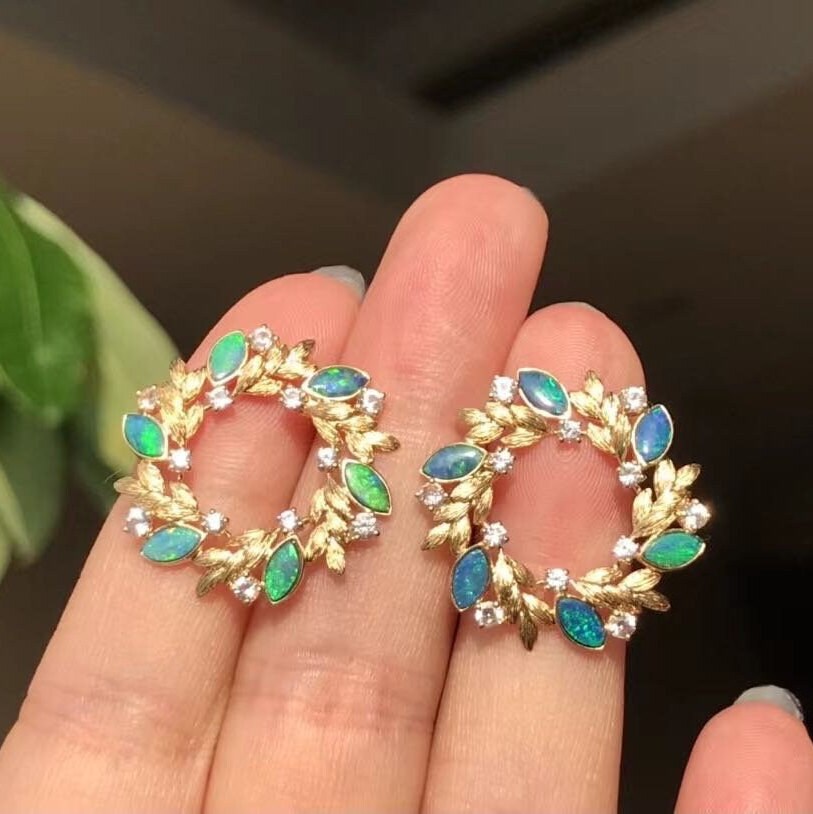 Unique 18k Solid Gold Natural Australian Opal Earrings/garland Opal ...