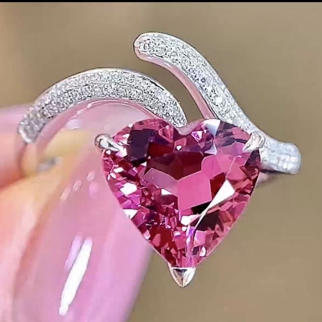Unique Heart Pink Tourmaline 18k White Gold Ring Women\quality Art Deco ...