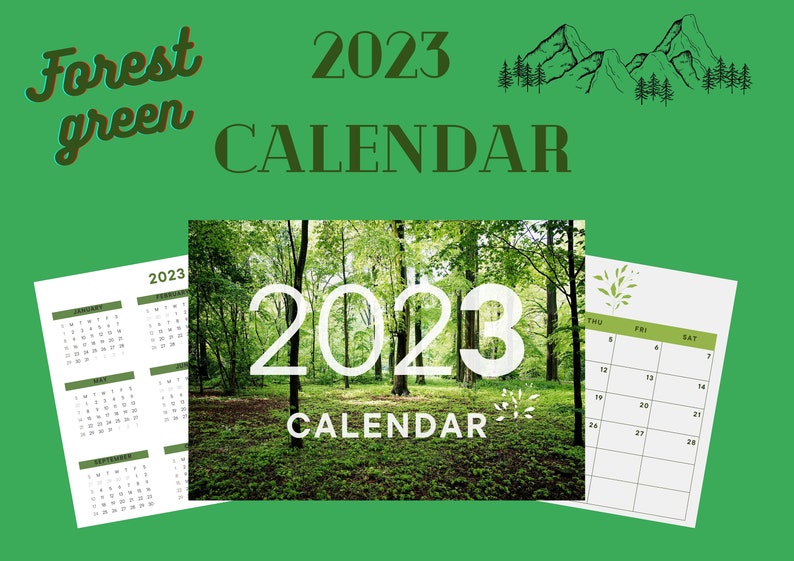 Green Forest Monthly Calendar | 2023 | Printable | Minimalist | Floral ...