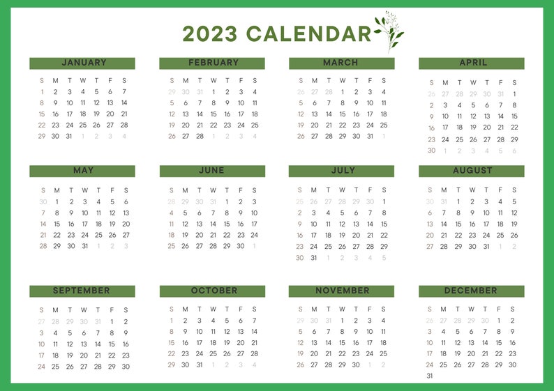 Green Forest Monthly Calendar | 2023 | Printable | Minimalist | Floral ...